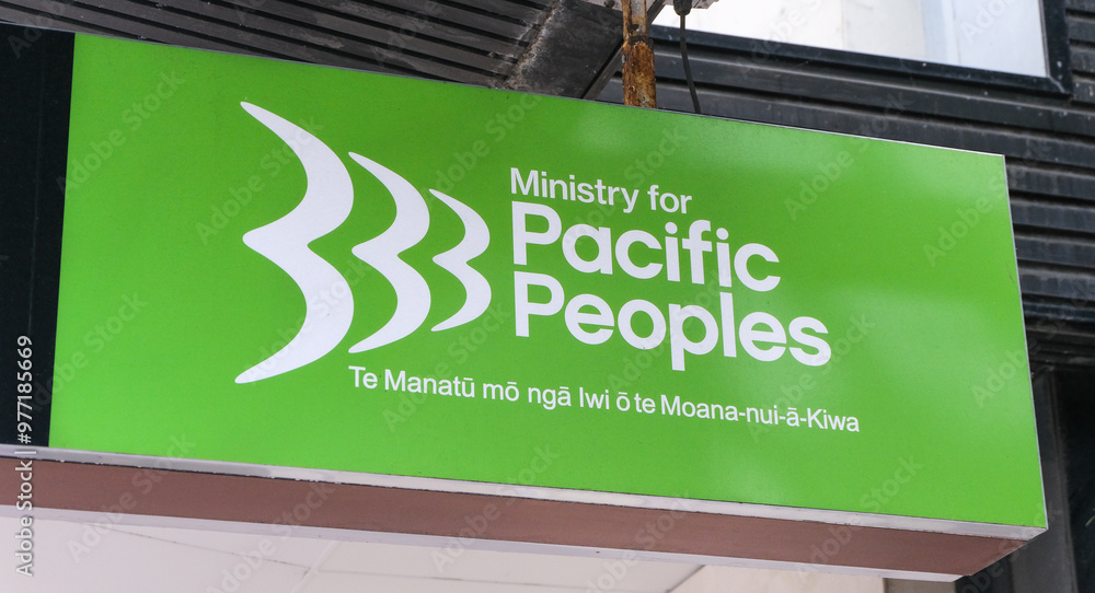 New Zealand Ministry for Pacific Peoples sign and logo in English and ...
