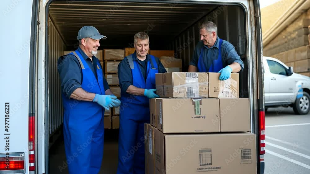 Three men are working together to load boxes into a shipping container ...