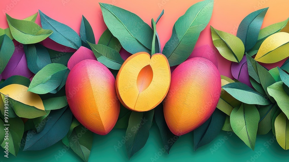 Mango illustrated in a paper art style with intricate cutouts and ...