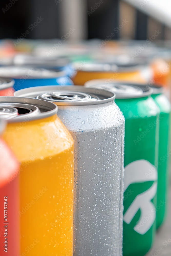 Colorful array of chilled soda cans with condensation. Environmental ...