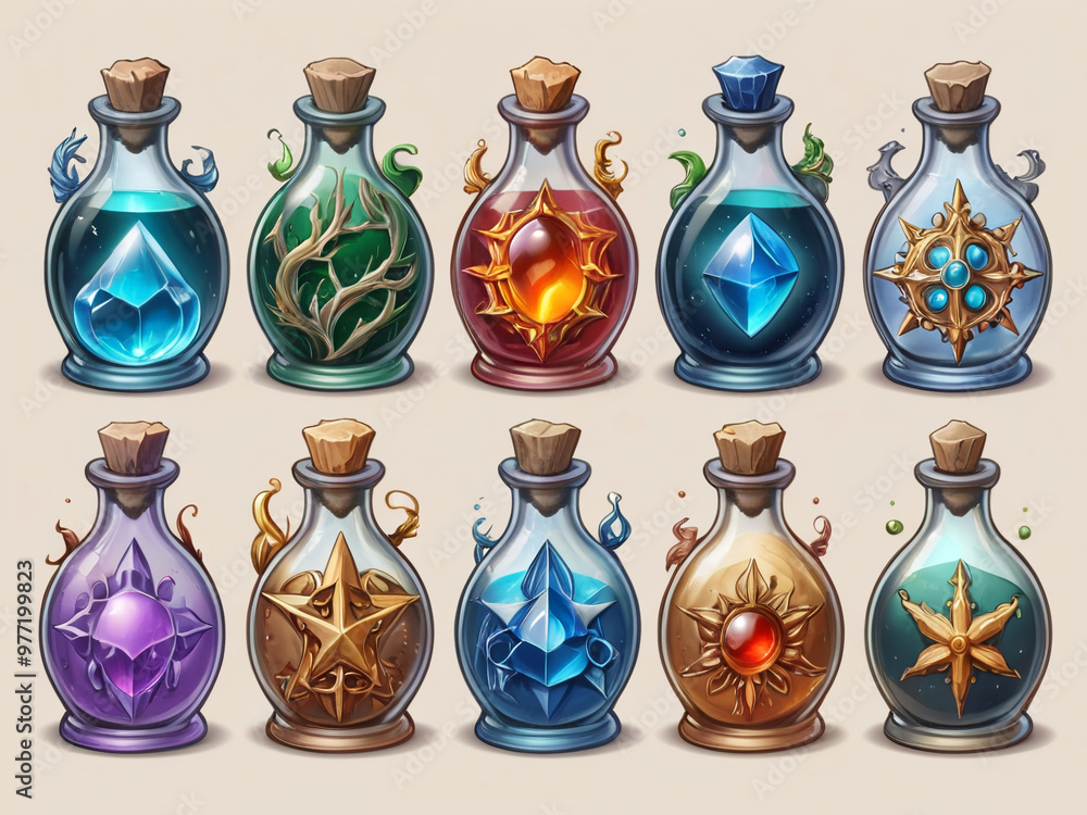 3D 2D icon of various different magic potions and mixed bottles for ...