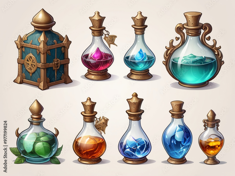 3D 2D icon of various different magic potions and mixed bottles for ...