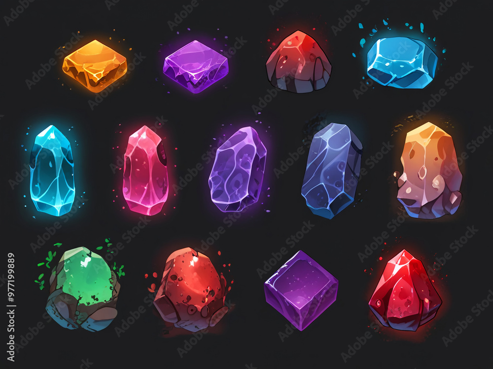 3D 2D icon of various different magic crystals for game design and ...