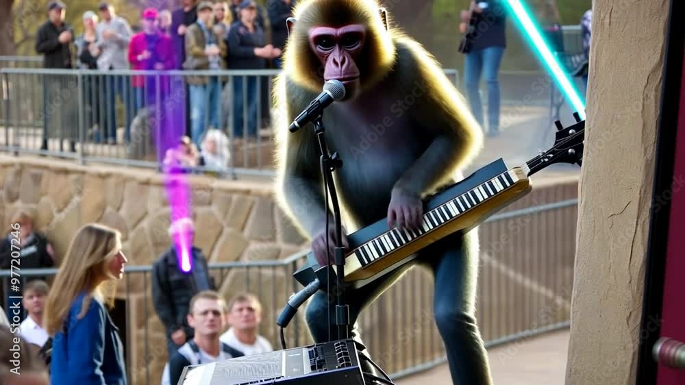 Monkey Performing on Stage With a Keyboard in a Lively Outdoor Setting ...