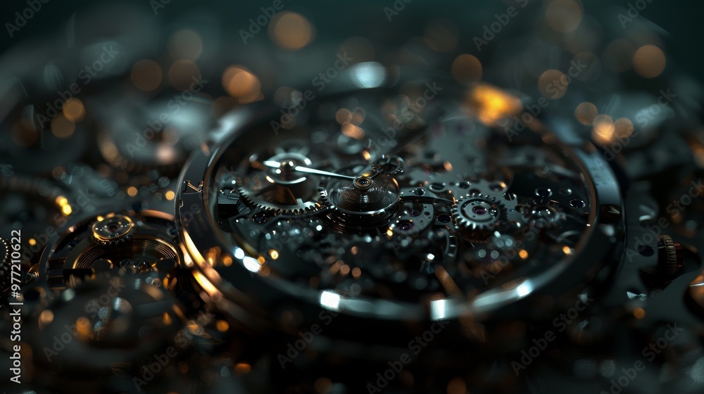 Intricate dismantled mechanical watch with detailed gears and springs ...