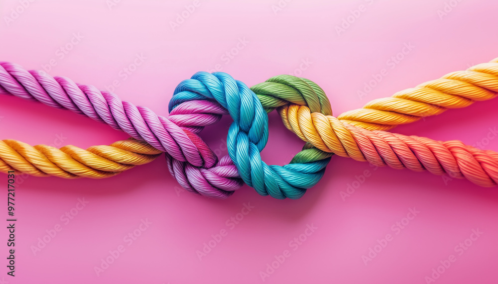 ropes of different colors tied into a knot, pink background, concept of ...