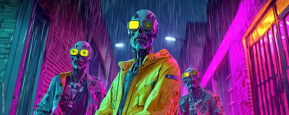 Zombies with futuristic prosthetics, standing under neon lights in a ...