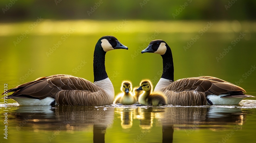 A photograph of two Canadian geese with their goslings swimming on calm ...