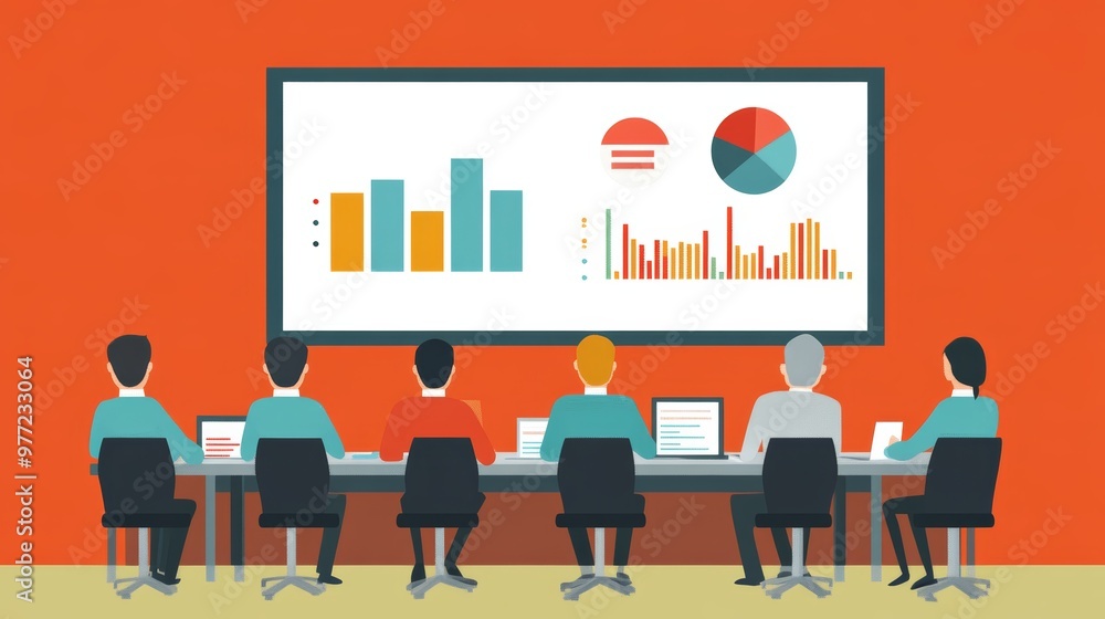 A team collaborates in a modern office, analyzing data on charts and ...