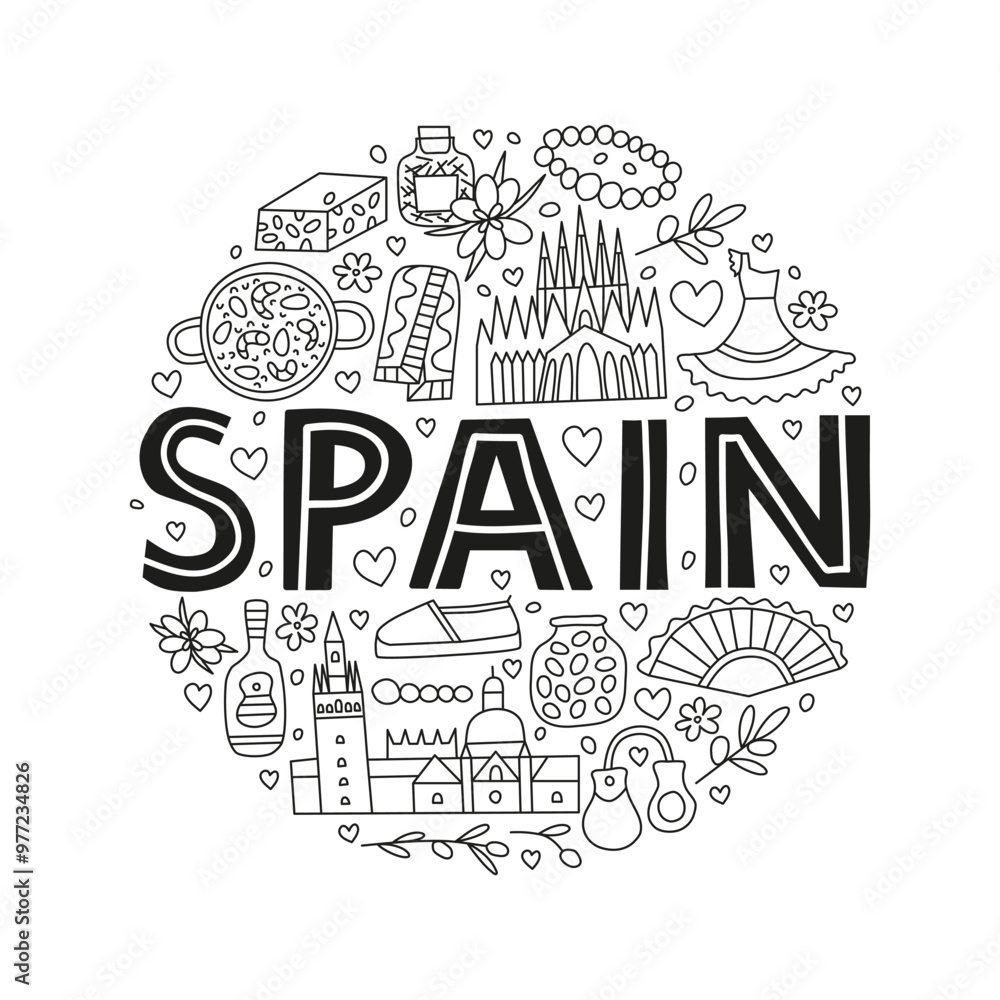 Spanish national landmarks and attractions in doodle style composed in ...