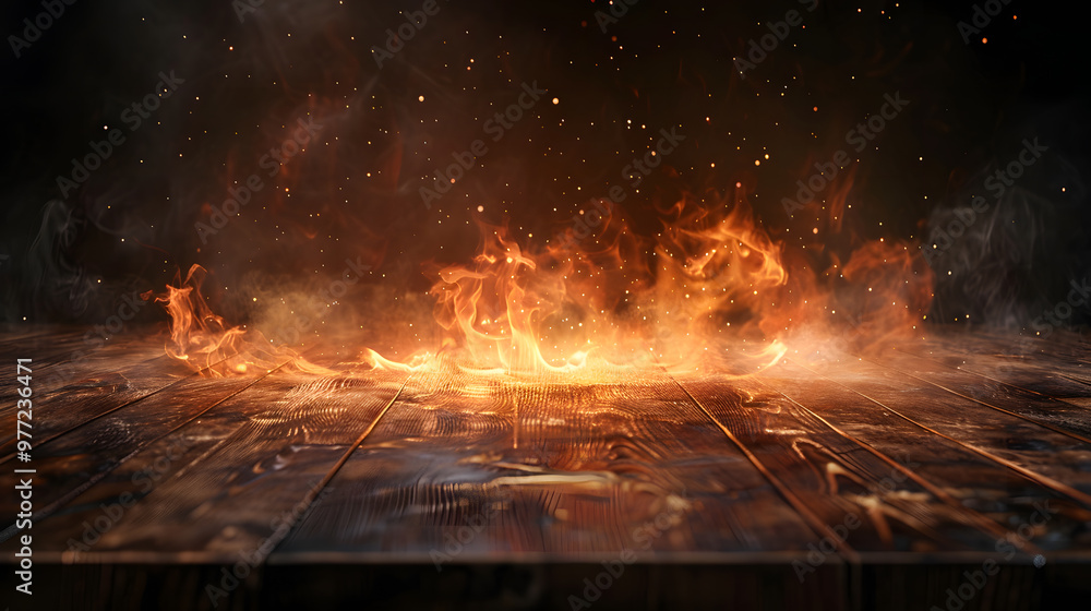 Blank wooden table with fire burning at the edge of the table, fire ...