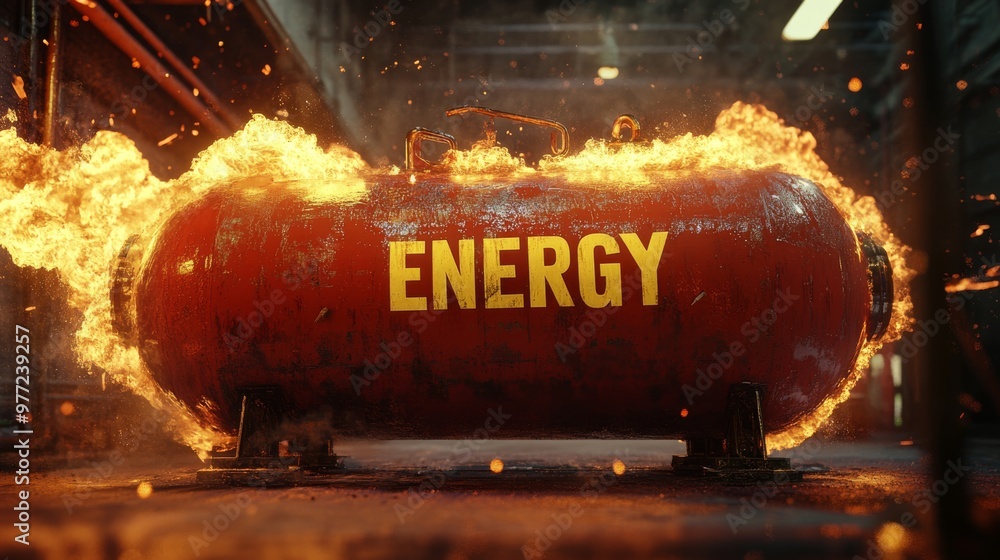 A red air tank with the text "ENERGY" written on it, with yellow flames ...