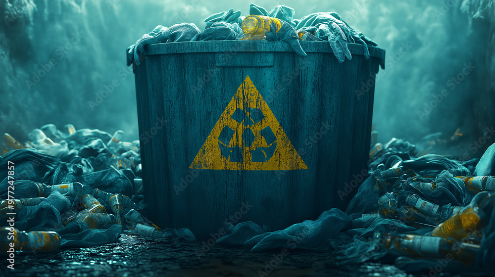 A contaminated medical waste bin overflowing with hazardous materials ...