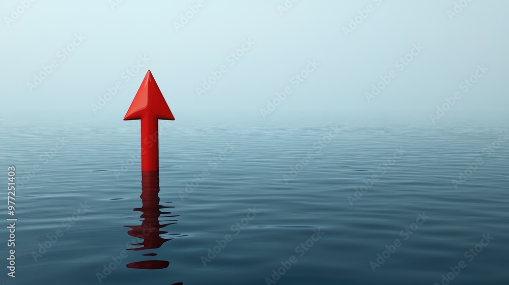A red arrow pointing upwards, floating in calm water, representing ...