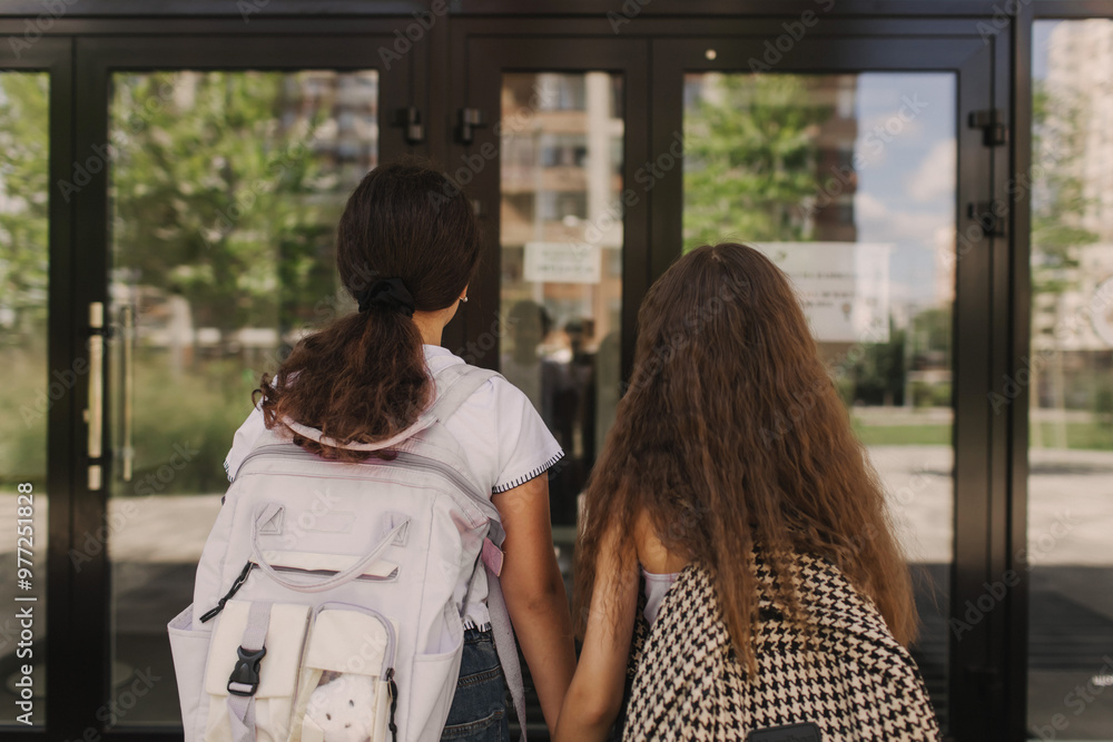 Rear view of multiethnic elementary middle school girls gen Alpha ...
