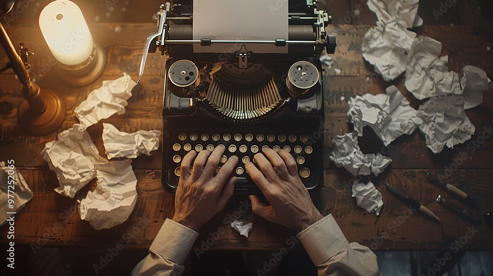A writer typing on an old-fashioned typewriter, with crumpled paper ...