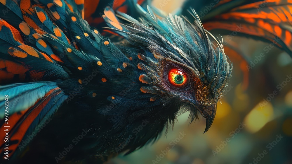 Close-up of an exotic bird with long, colorful feathers, glowing eyes ...