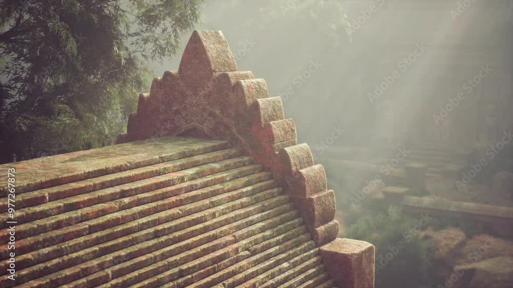 Towering amidst the vibrant greenery, the ancient stone temple reveals ...