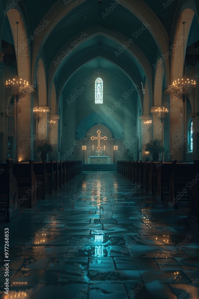 Dimly lit church interior with pews and chandeliers, ideal for use in ...