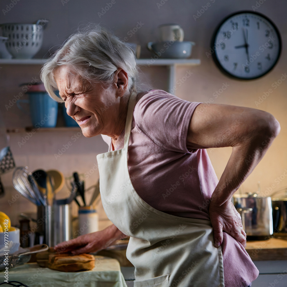 Elderly woman with hunched posture experiences back pain in kitchen ...