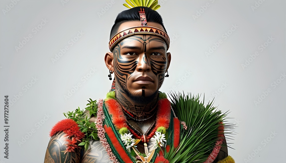 Samoan tattooed warrior in traditional lavalava and ceremonial ...