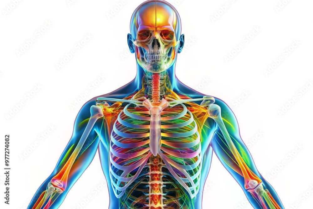 Detailed vector graphic of a human skeleton with colorful x-ray scans ...