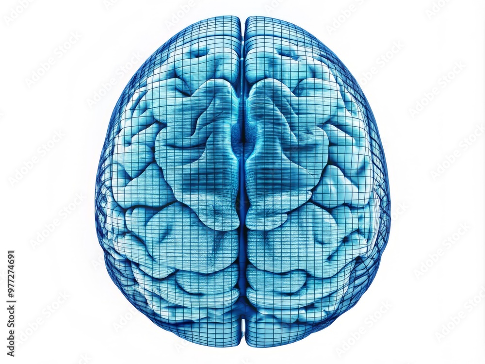 CT scan slices forming a precise 3D model of the human brain on a clean white background with ...