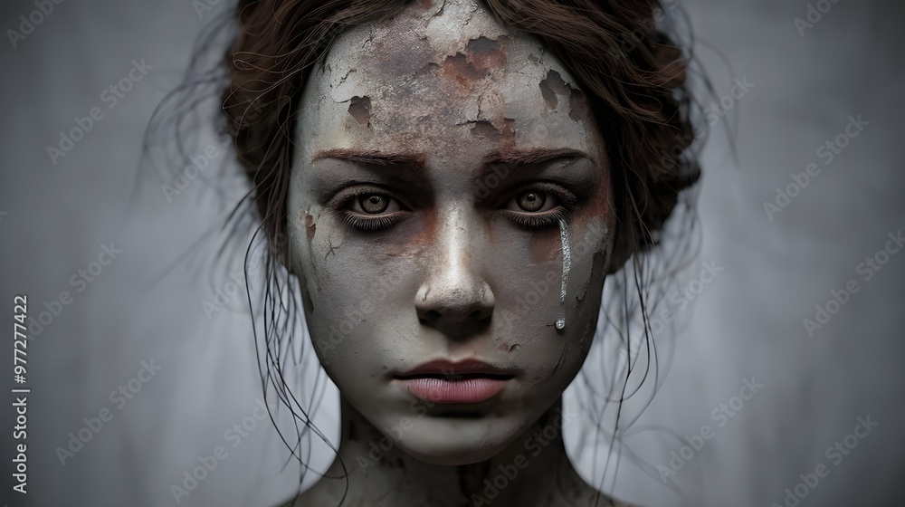 An abstract woman's face with a corroded, rough texture. Sad emotion ...