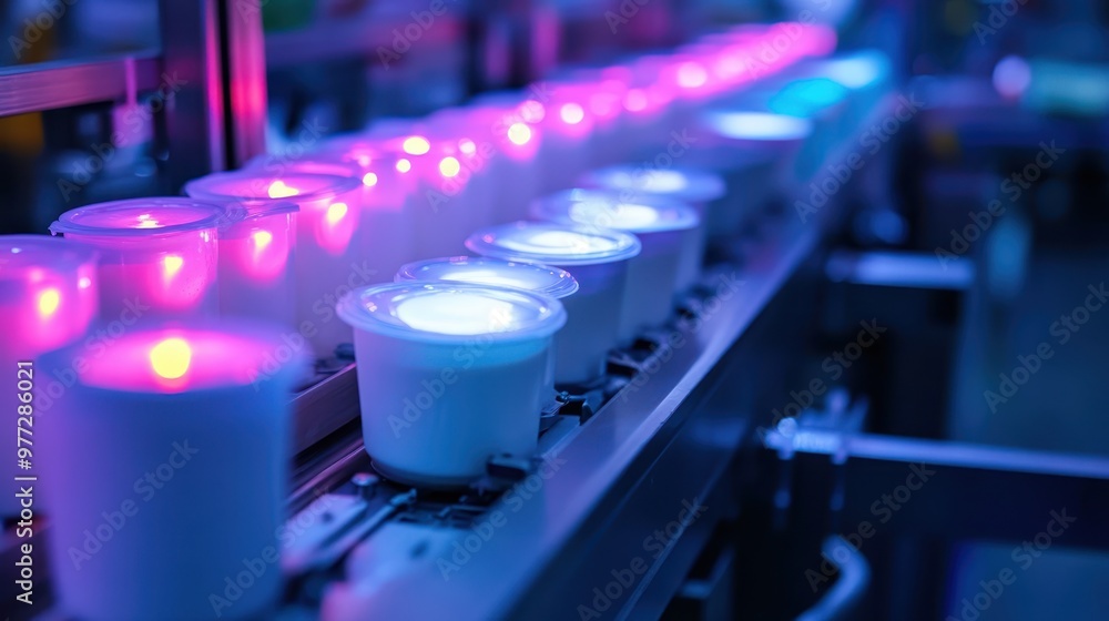 Colorful illuminated cups on an assembly line, showcasing modern ...