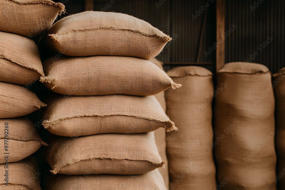 Burlap Sacks Filled with Harvested Grains Stacked | Organic Farming and ...