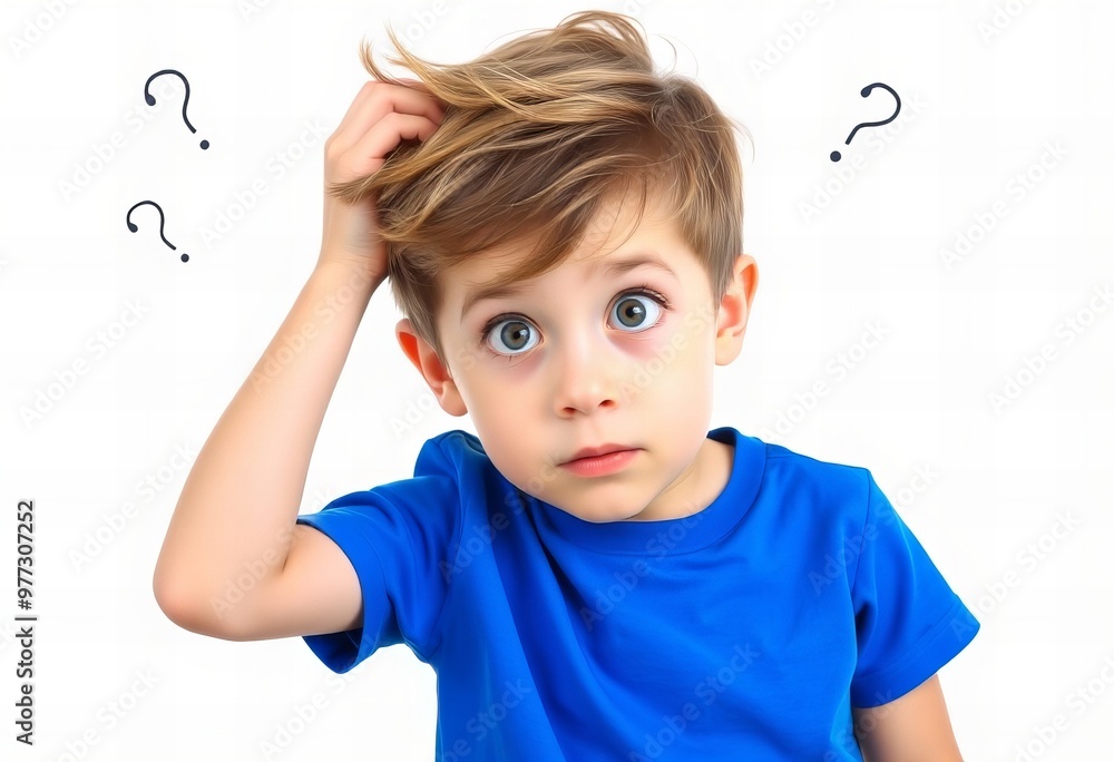 child with question marks on his head and a question mark on his ...