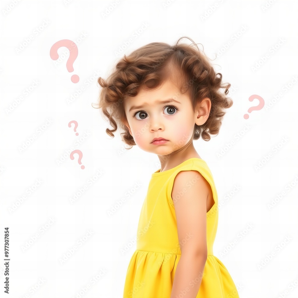 there is a little girl with a question mark on her face. Stock Photo ...