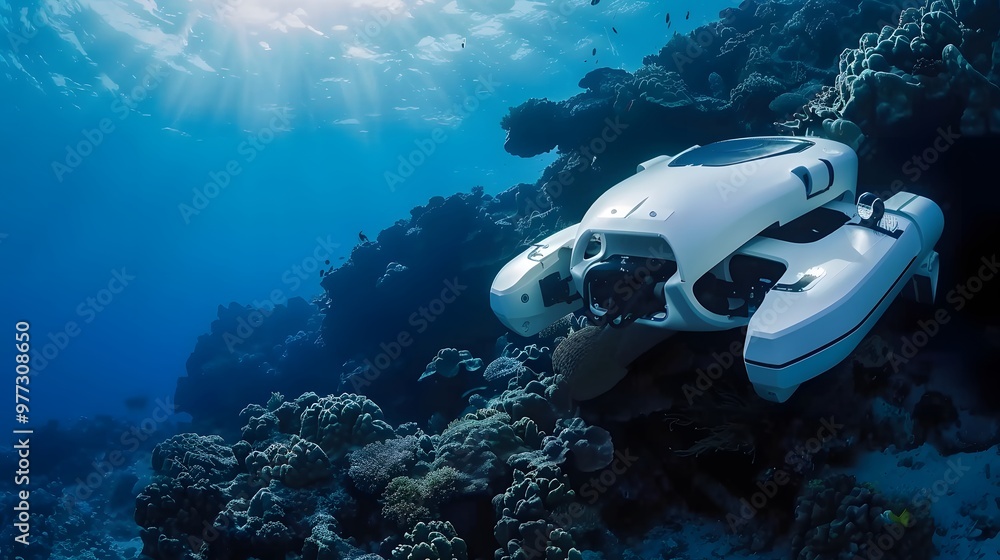 Underwater Exploration Robot: A sleek underwater robot exploring a ...