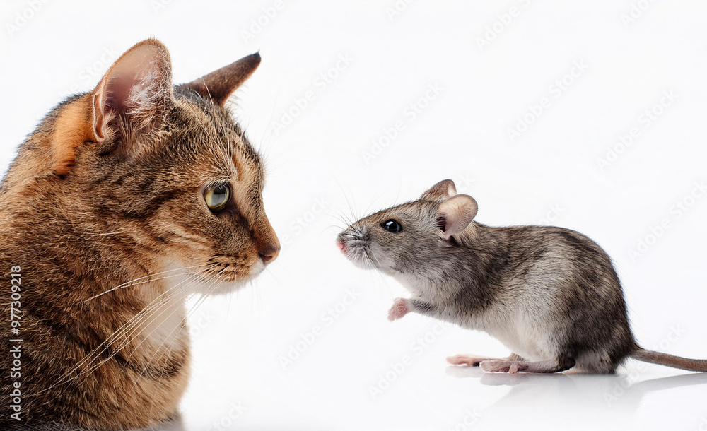 Gray cowardly cat sits on the couch and looks at the mouse with fear ...