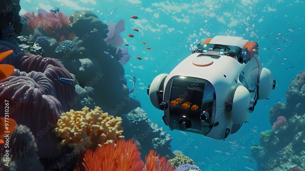 Underwater Exploration Robot: A sleek underwater robot exploring a ...