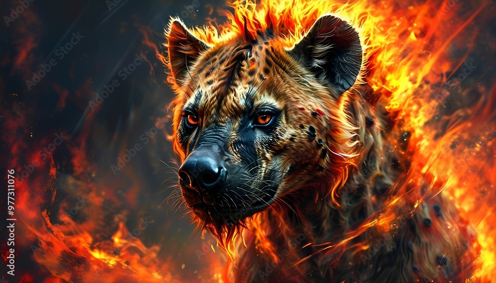 A close-up portrait of a hyena engulfed in flames. The hyena's eyes ...