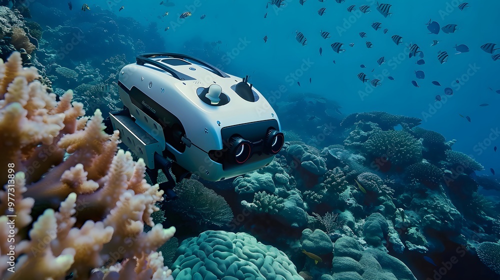 Poster Underwater Exploration Robot: A sleek underwater robot exploring ...