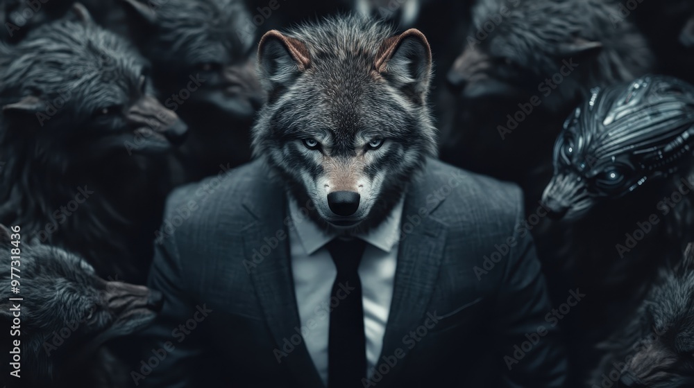 A wolf donned in a business suit stands confidently in the center ...