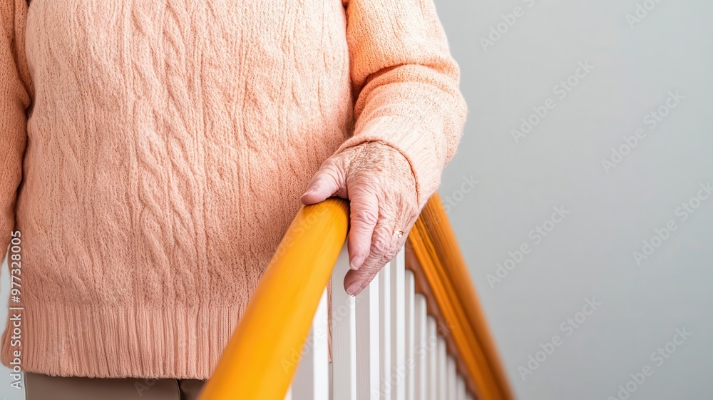 Elderly person holding onto a handrail while descending stairs, with ...