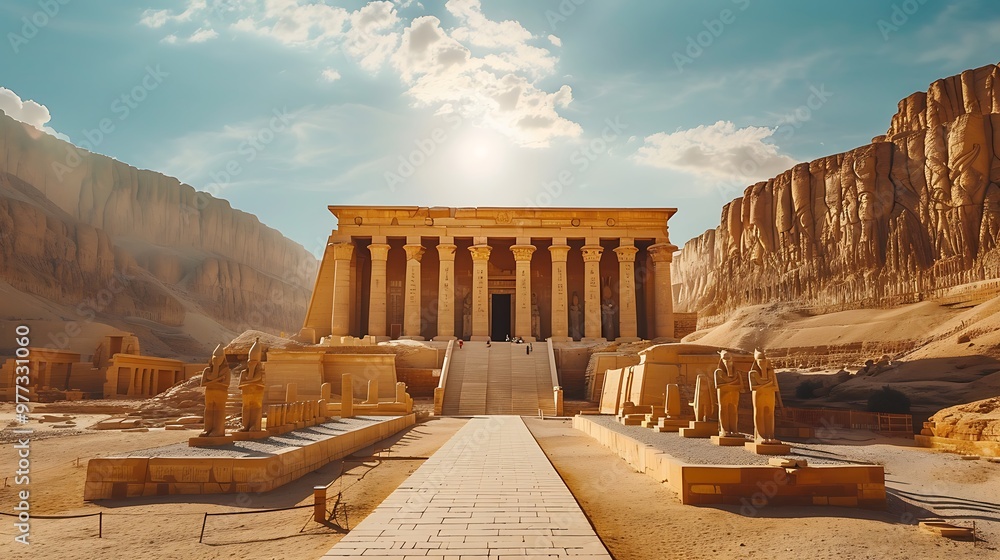 Ancient Egyptian temple complex, hieroglyphs and colossal statues: An ...