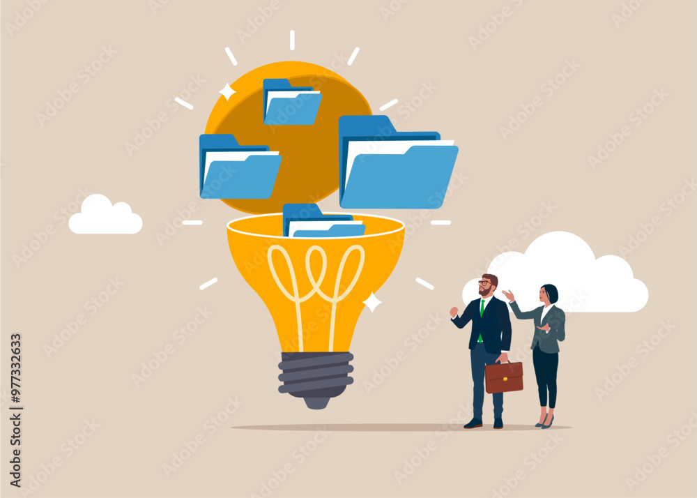 Open lightbulb to see files folder. Arrange online data, paperwork ...