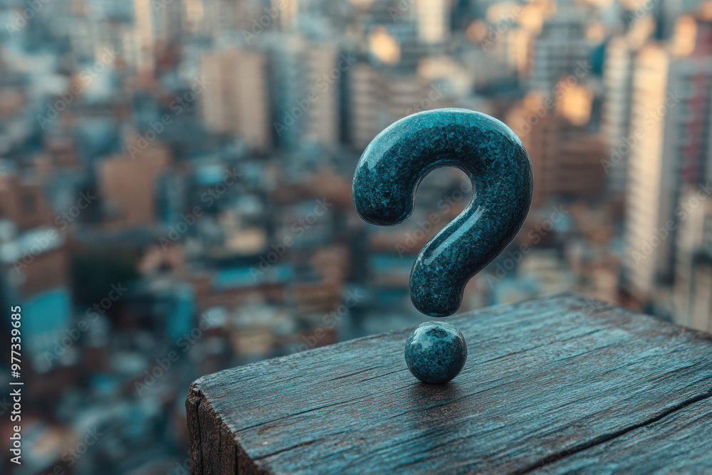 Mystery concept with a giant question mark against a blurred urban ...