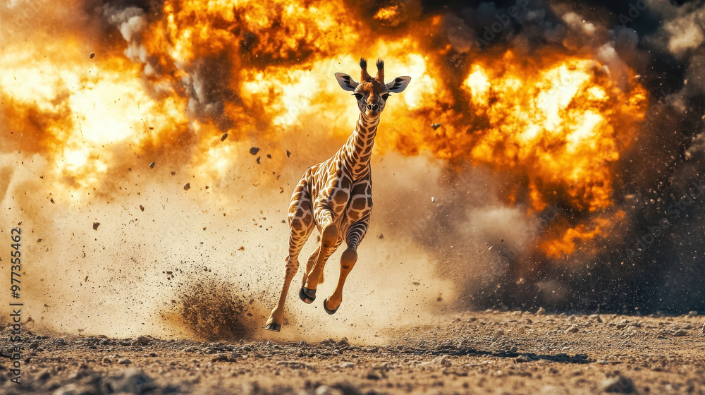 A funny and cute baby giraffe runs energetically in front of a huge ...