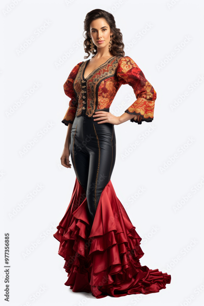 Full-body shot of a friendly female matador in traditional attire ...