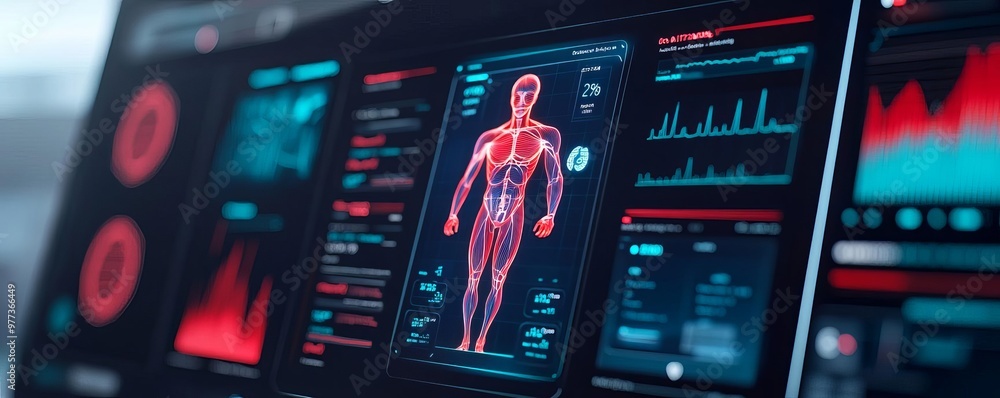 Digital health app interface, biometric data, holographic charts ...