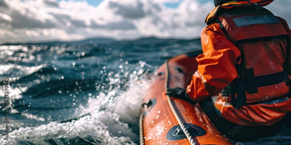 Professional coast guard personnel in an orange inflatable boat ...