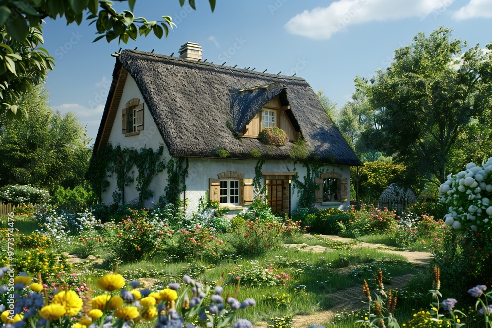 Tender 3D render of a country cottage with a thatched roof and a ...