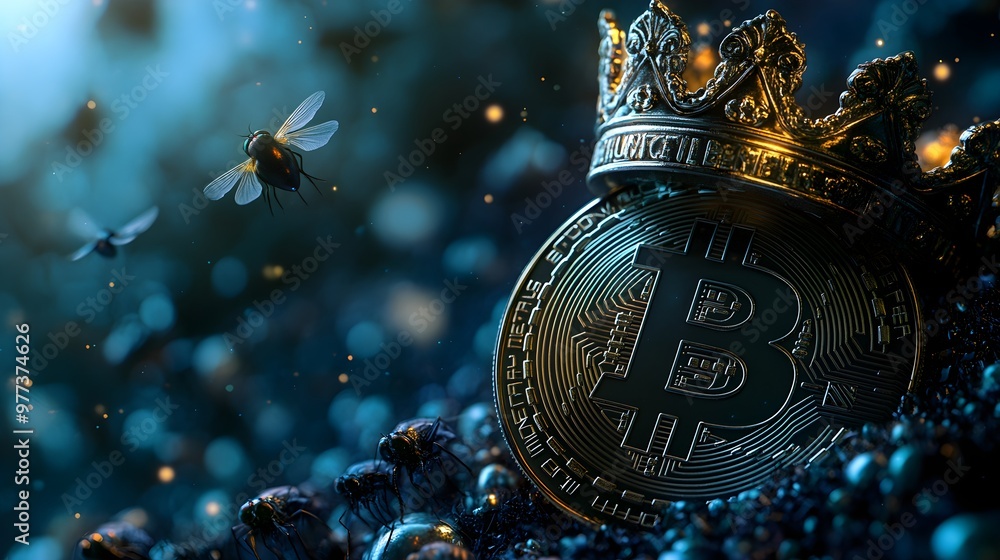 Bitcoin crowned with gold amidst a swarm of flies in a surreal, dark ...