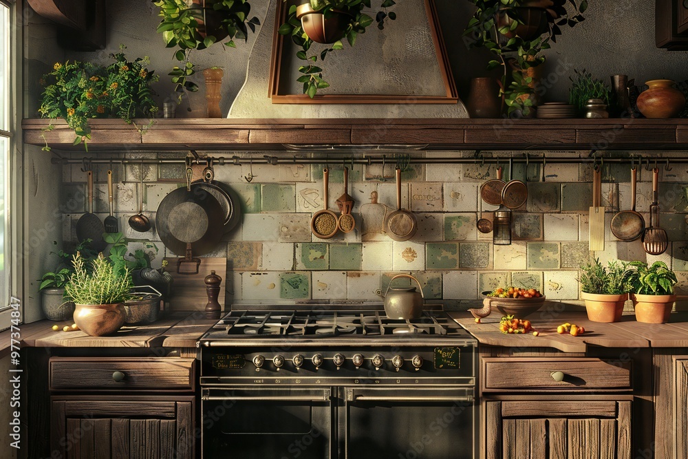 Soft 3D render of a rustic kitchen with an old-fashioned stove and ...