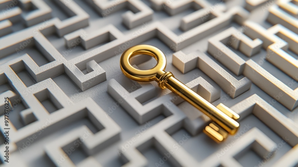 Abstract concept of problem solving with a golden key unlocking layers ...